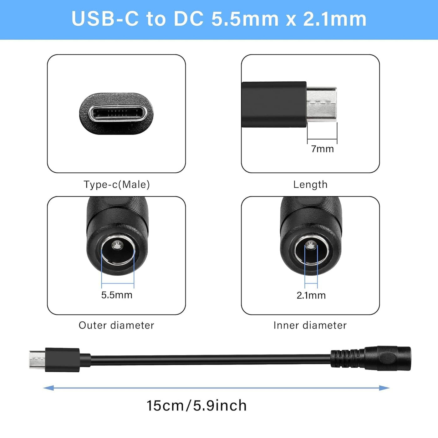 DC Power Supply Plug Adapter Female 5.5x2.1mm To USB C Power Cable ...